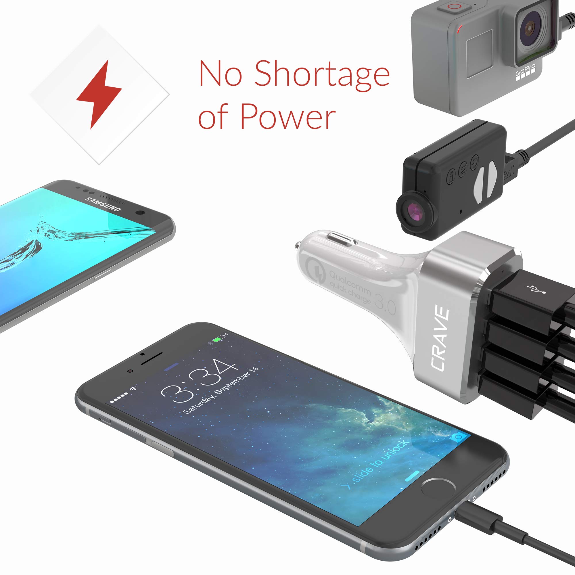 Crave CarHub 54W 4 Port USB Car Charger, Qualcomm Quick Charge 3.0 - White