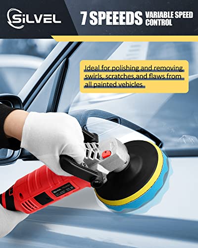 SILVEL Buffer Polisher, 1600W 7 Inch/6 Inch Rotary Car Buffer Polisher Waxer, 7 Variable Speed 1000-3500 RPM, Detachable Handle for Car, Boat Sanding, Polishing, Waxing