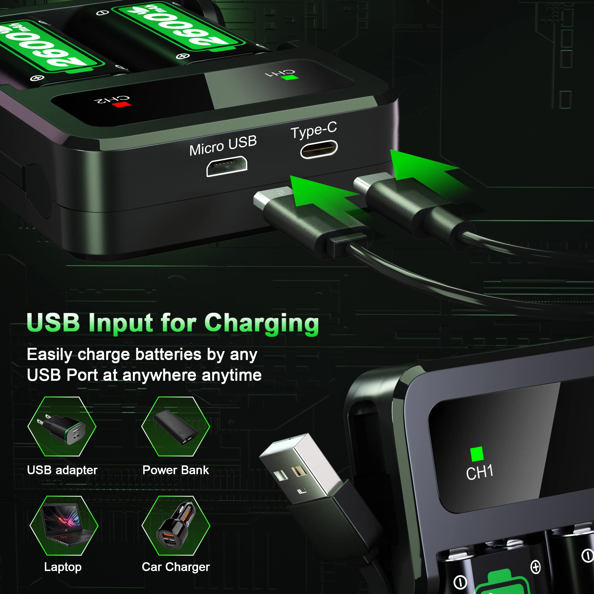 Rechargeable Battery Packs for Xbox Series X|S/Xbox One, Ponkor 4x2600mAh Batteries with High-Speed Charging Station for Xbox One S/Xbox One X/Xbox One Elite Controller