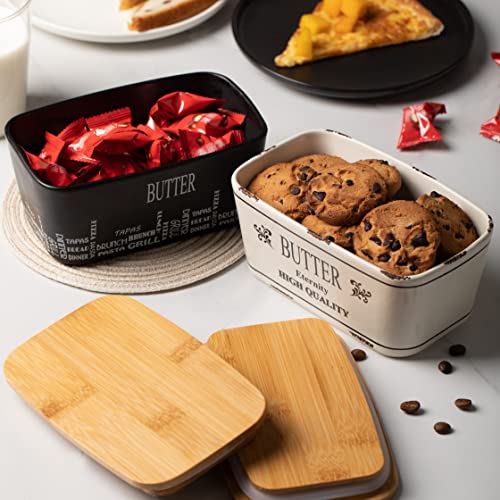 Hasense Farmhouse Butter Dish with Lid for Countertop, Butter Keeper & Holder, Large Butter Container for Fridge with Bamboo Freshness Seal, Enhance Kitchen Decor, Holds Two Sticks of Butter, White