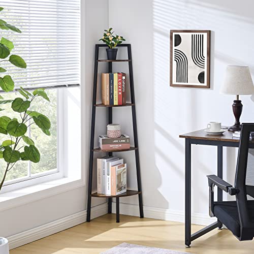 Hoctieon Corner Shelf, 4-Tier Corner Bookshelf, Rustic Corner Ladder Shelf, Industrial Display Shelf for Living Room, Kitchen, Home Office, Balcony, Small Space, Metal Frame, Rustic Brown