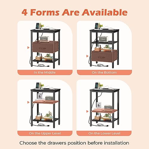 SUPERJARE Nightstands Set of 2, Bed Side Tables with Charging Station, Adjustable Fabric Drawer, Night Stands for Bedroom, 3-Tier Storage End Tables, Black