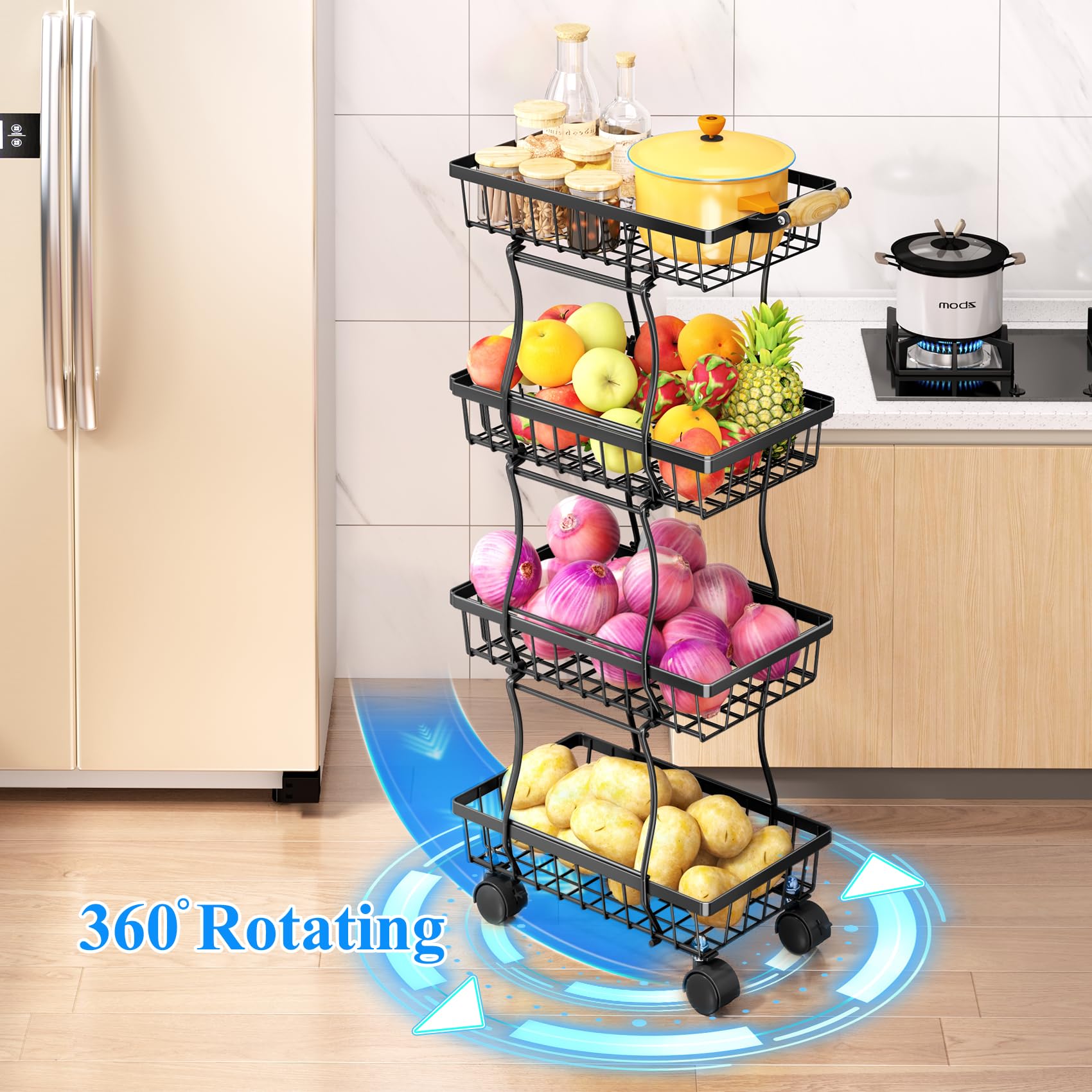 Fruit Vegetable Basket for Kitchen Organizers - 4 Tier Stackable Metal Wire Basket Stand, Black