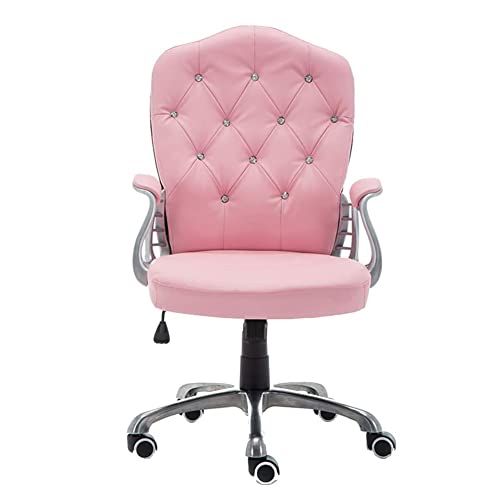 PU Leather Mid Back Office Chair, Ergonomic Swivel Chair, Lounge Chair, Delicate Rhinestone Inlay, with Fixed Armrests, Adjustable Height,Rolling Wheels (Pink)