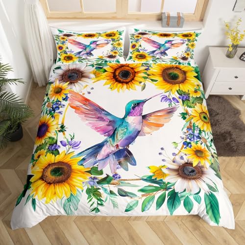 Erosebridal Girls Hummingbird King Bedding Set Rustic Sunflower Comforter Cover for Kids Women Garden Watercolor Bird Flowers Duvet Cover Farmhouse Botanical Leaves Floral Bed Set 2 Pillow Cases