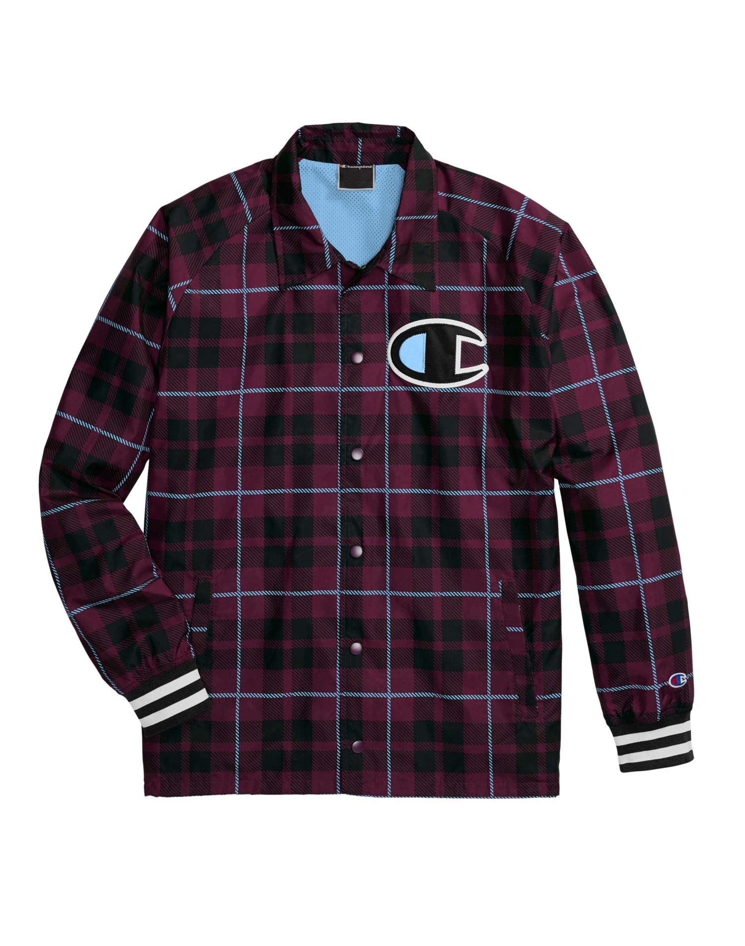 Champion Men's Satin Coaches Jacket Ribbed Cuff, Plaid 101 Venetian Purple, Medium