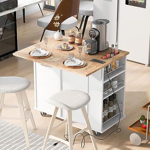 Lunanniu Rolling Kitchen Island with Power Outlet Drop Leaf Wine Glass Holder- 5 Wheels Side Storage Cabinet & Drawers for Home Kitchen Room Rubber Wood Top Moveable Portable Kitchen Cart White