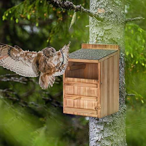 Owl House,Screech Owl House with Bird Stand,Owl Nesting Box,Barn Owl Bird House,Large Handmade Wooden Rectangular Opening Bird Box,with Mounting Screws, Easy Assembly