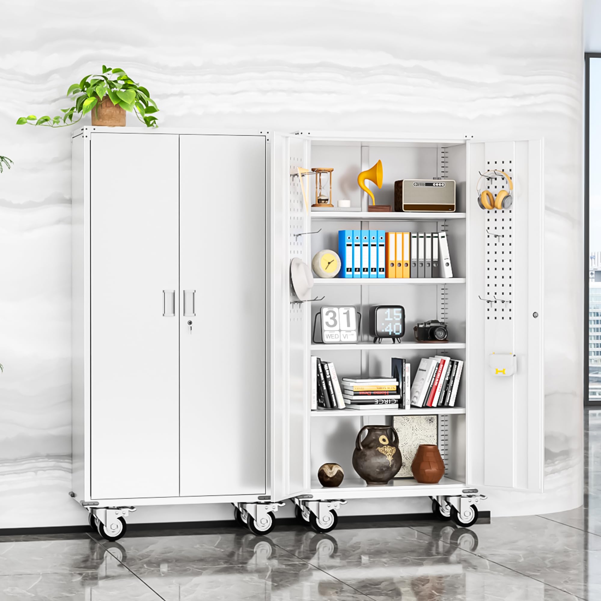 INTERGREAT 72" Metal Garage Storage Cabinet with Wheels, White Steel Locking Cabinet with 2 Adjustable Shelves and Doors, Rolling Metal Tool Cabinet for Home, Office, School, Garage