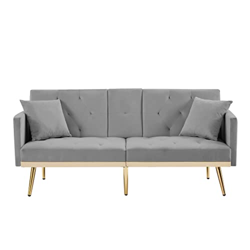 HoRunzelin Soft Velvet Sleeper Sofa Bed with Cup Holder and 2 Pillows for Living Room,Luxury Loveseat Couch Can Put Down The Back,Grey