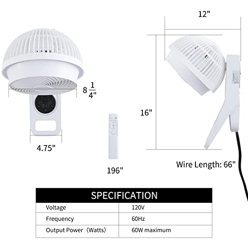Heal Smart 7 inch Wall Mount Fan, 3 Speeds & 3 Modes, 15 Hours Timer, 60° Oscillating Circulating Fan, with Remote Control, Air Circulation Fan for Indoor Use, White