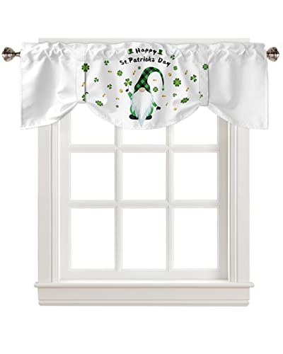 Tie Up Valance Curtain for Kitchen Windows, Happy St Patricks Day Clover Dwarf Gold White Window Curtain Valance with Adjustable Strap Window Treatment for Cafe Bathroom, 60"x18", 1 Pane