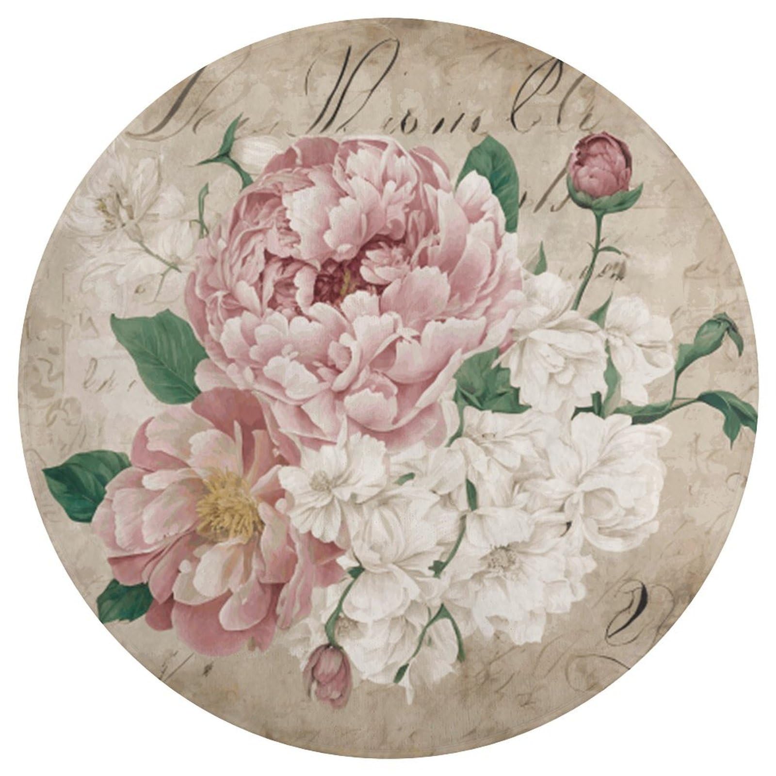 KiuLoam Vintage Shabby Chic Pink Rose Floral Non-Slip Round Area Rugs Kitchen Floor Mat Soft Floor Carpet for Chair Living Room Bedroom, 2-Ft Diameter