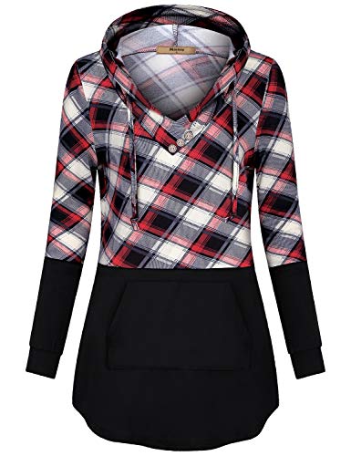 Miusey Knit Hoodie Women,Long Sleeve V Neck Plaid Patchwork Hoodie Polyester Form Fitting Thin Sweatshirt Decorative Wooden Buttons Pocket Fashion Sweaters for Women Black M