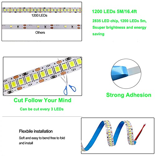 SUYOOULIN LED Strip Lights, SMD 2835 LED Strip, DC12V 1200LEDs 16.4Ft 26000LM High Density LED Light Strips Non-Waterproof, 3 Times Brightness Than SMD3528 LED Strip, Blue