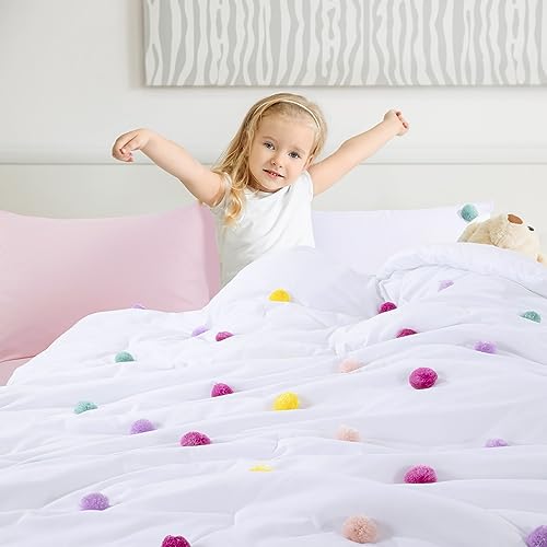 HOMBYS Pom Poms Bedding Comforter Set for Girls, 5 Piece White Pink Boho Kids Comforter Set for All Season,Full/Queen Size