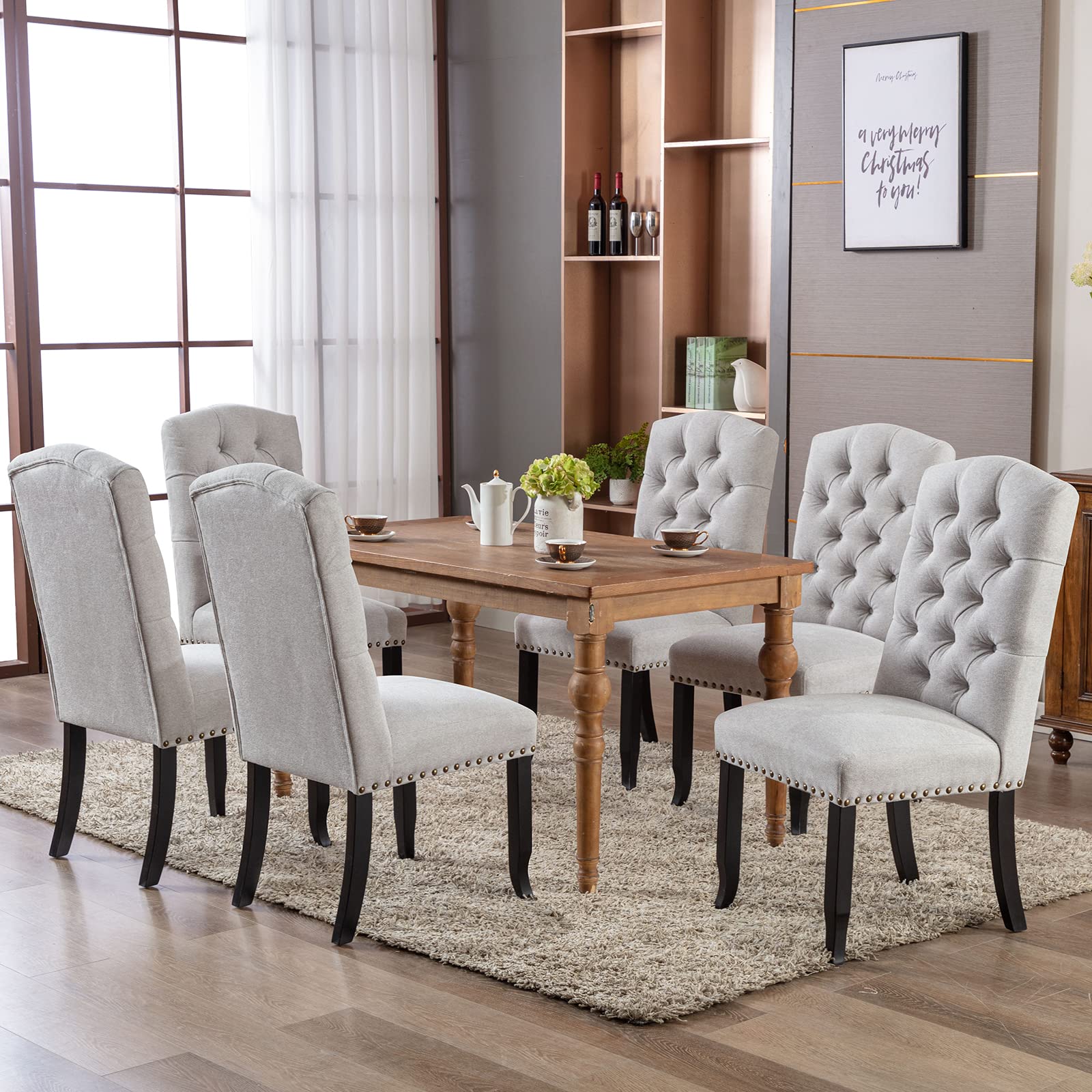 COLAMY Button Tufted Dining Chairs Set of 4, Upholstered Parsons Dining Room Chairs, Fabric Kitchen Chairs with Nailhead Trim and Wood Legs, Light Grey