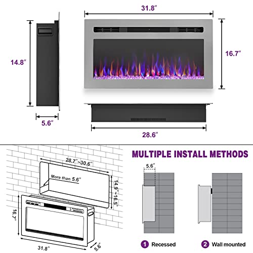 Ooiior 31 Inch Electric Fireplace with Remote Control, Recessed and Wall Mounted Ultra-Thin Fireplace Heater and Linear Fireplace, with Timer, Adjustable Flame Color, 750/1500W