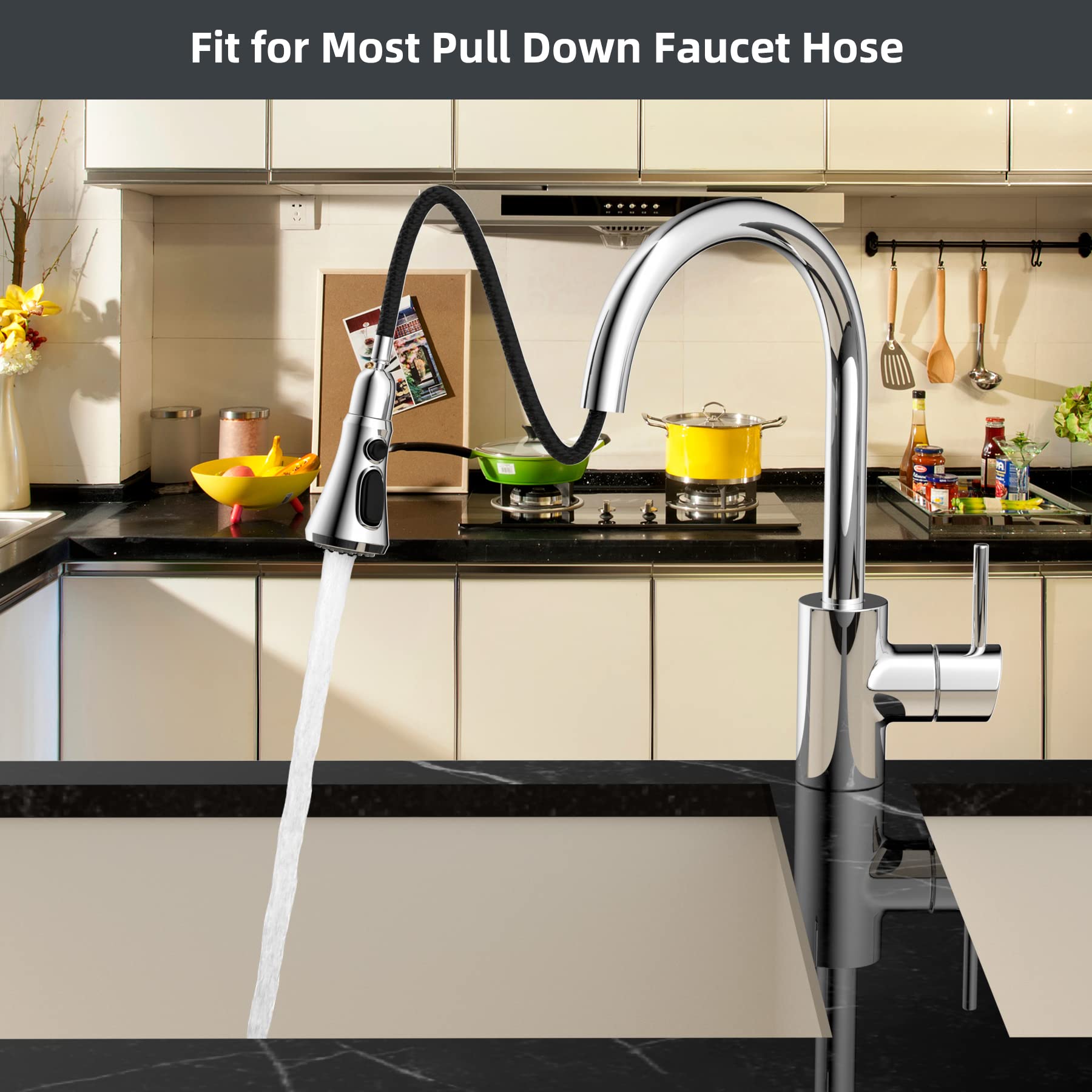 Hibbent Pull Down Spray Head for Kitchen Faucet, 3-Function Kitchen Sink Spray Nozzle with 10 Adapters, Faucet Head Replacement Compatible with Moen, American Standard, Delta, Kohler Faucets, Chrome