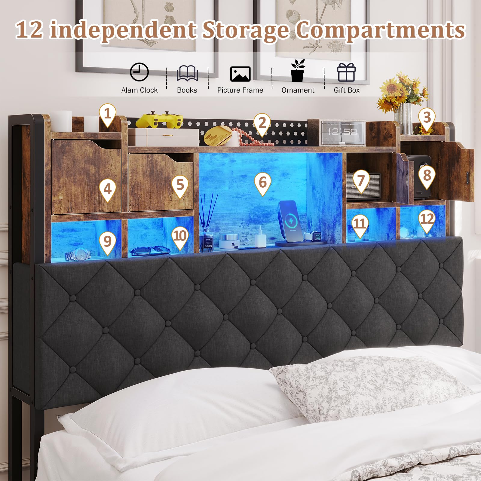 King Bed Frame with Headboard Storage, Bookcase Bed Frame with Charging Station and LED lights, High Bed Frame King Size with Hidden Storage, Noise-Free, Metal Support, No Box Spring Needed, Gray