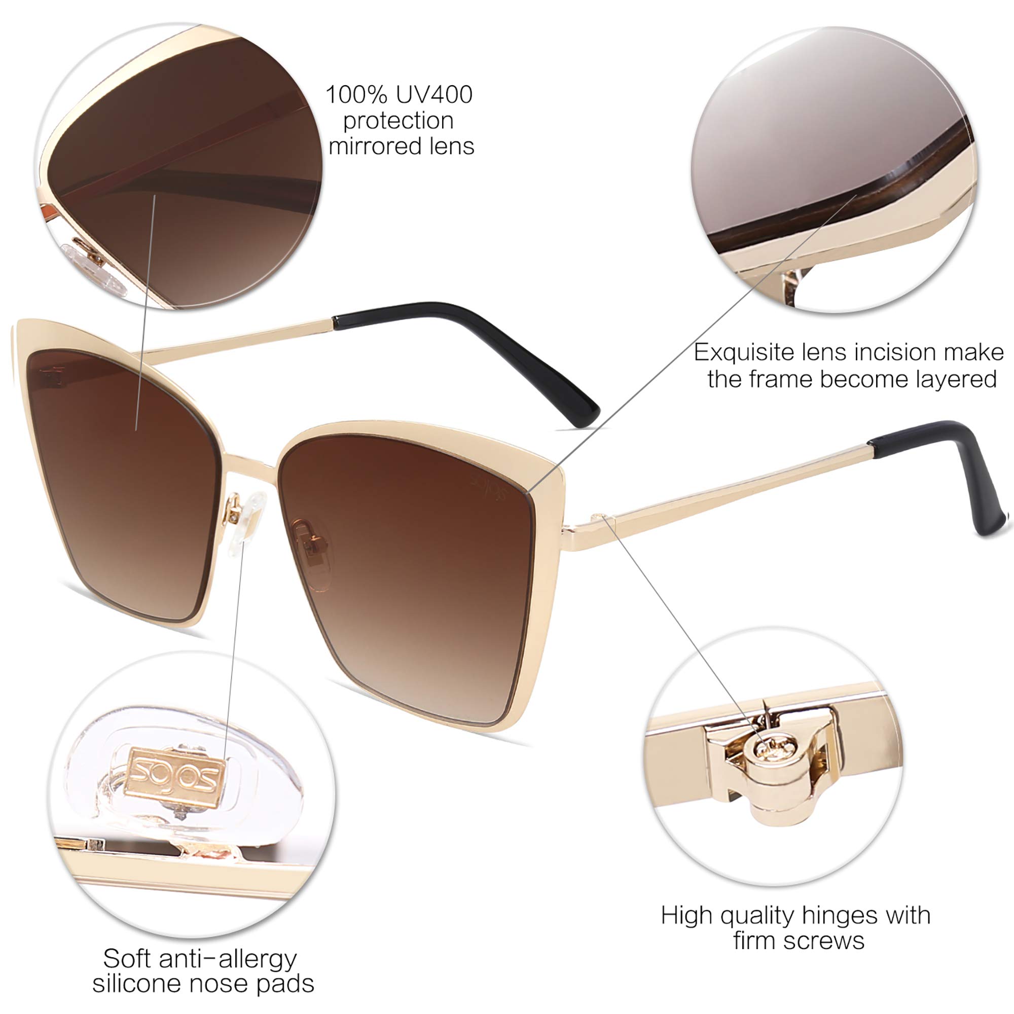 SOJOS Cateye Sunglasses for Women Fashion Mirrored Lens Metal Frame SJ1086 with Gold Frame/Gradient Brown Lens
