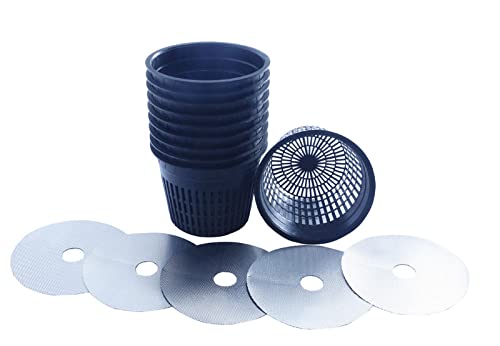 HORTIPOTS 5 Inch Net Pots Raised Center Bottom Mesh Side Wide Rim Round Cup with Free Reflective Top Lids for Hydroponics Systems (Pack of 10, Black)