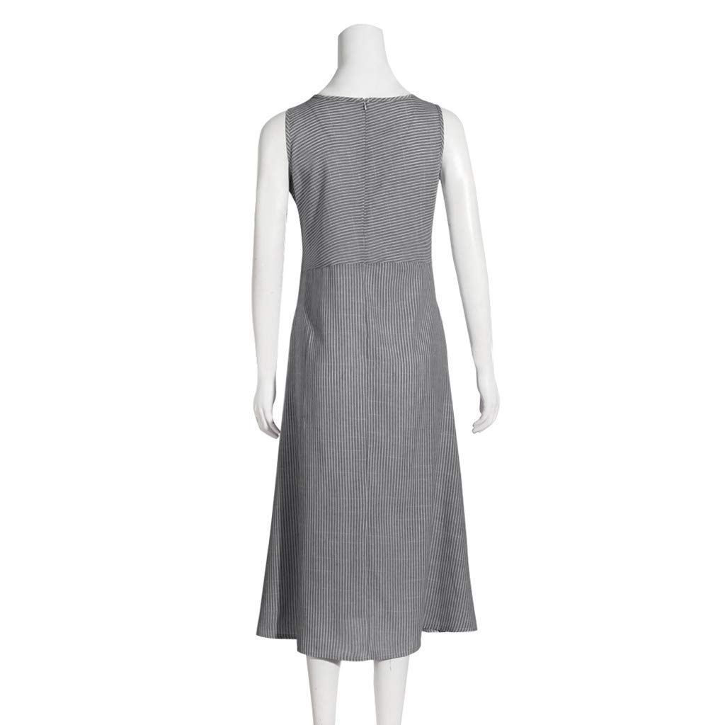 Dresses for Women Sleeveless Stripe Casual Loose Linen Maxi Dress with Pockets (XL, Black)