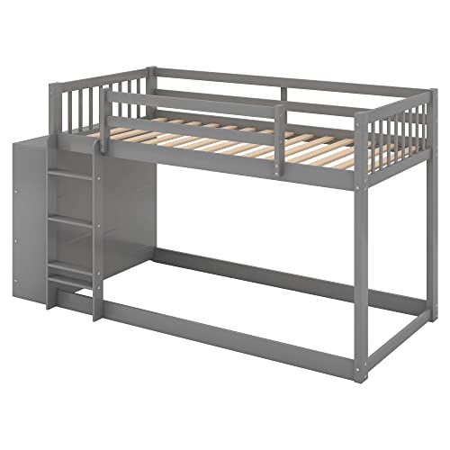 P PURLOVE Twin Over Twin Bunk Bed with Attached Cabinet and Shelves Storage, Wooden Bunk Bed Frame with Ladder and Guardrail, for Teens Girls Boys, Gray