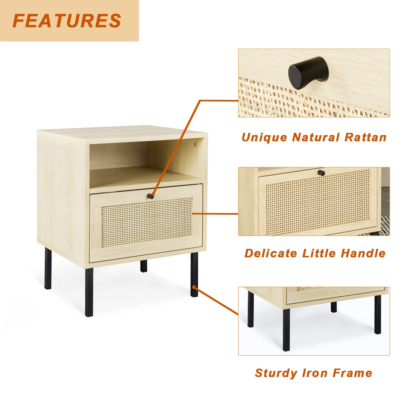 Lamerge Rattan Nightstand Set of 2, Wooden End Table, Modern Side Table with 2 Storage Drawer, Accent Table for Living Room, Bedroom and Small Spaces, Black
