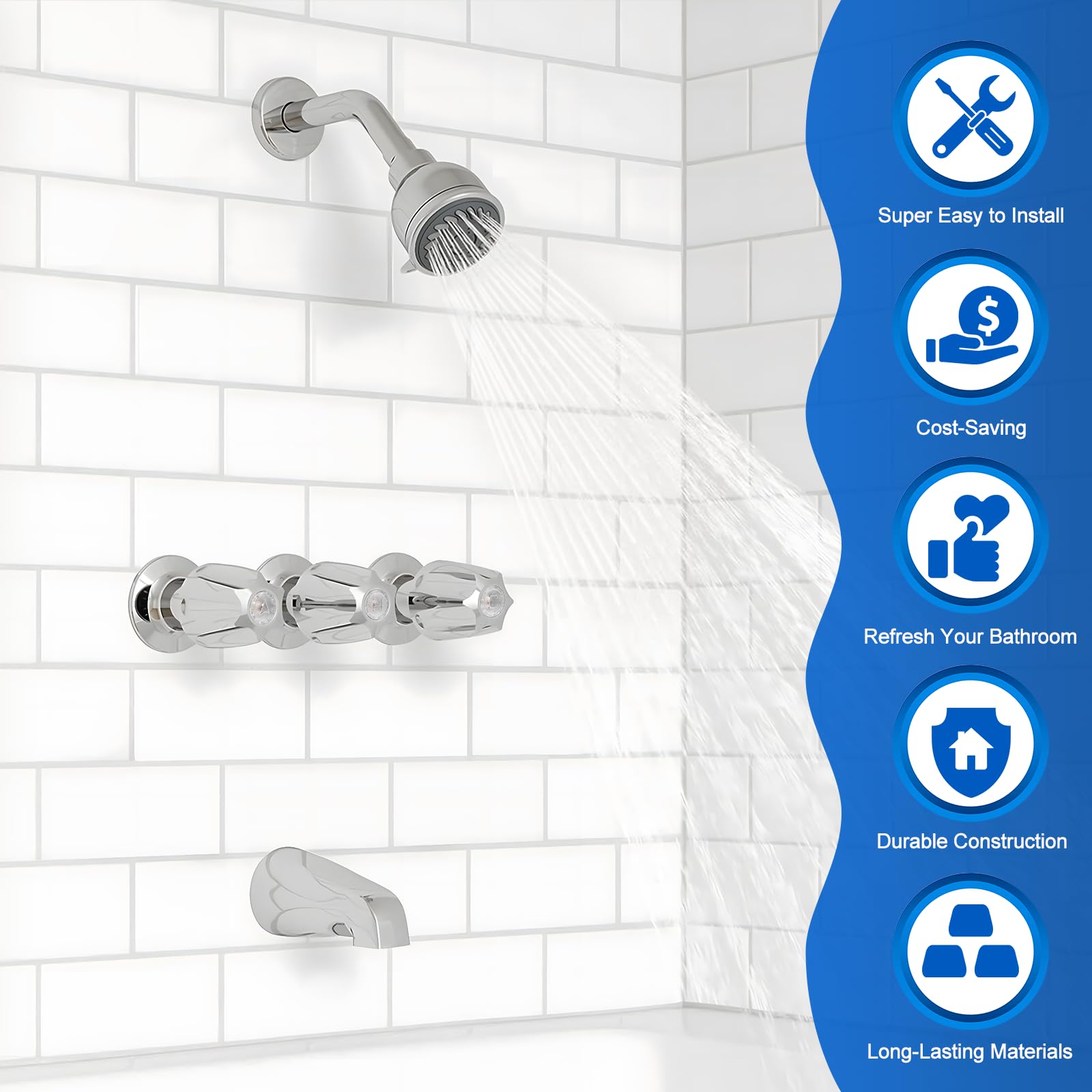 Dreyoo 3 Piece Shower Knob Replacement Compatible with Price/pfister Verve Tub Shower, Bathtub Shower Faucet Handle Remodel Trim Kit Include 1 Hot 1 Cold 1 Diverter and 3 Screws(Polished Chrome)