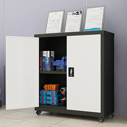 GREATMEET Metal Storage Cabinet with Locking Doors and Adjustable Shelve, Storage Locker Cabinet with Wheels, Metal Folding Cabinets for Home Office,Garage, Black+White