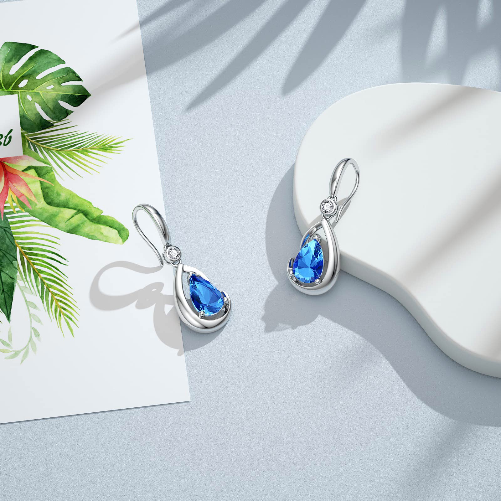 DALARAN Blue Austrian Crystal Teardrop Leverback Dangle Earrings for Women 925 Sterling Silver Mother's Day Jewelry Gift for Women