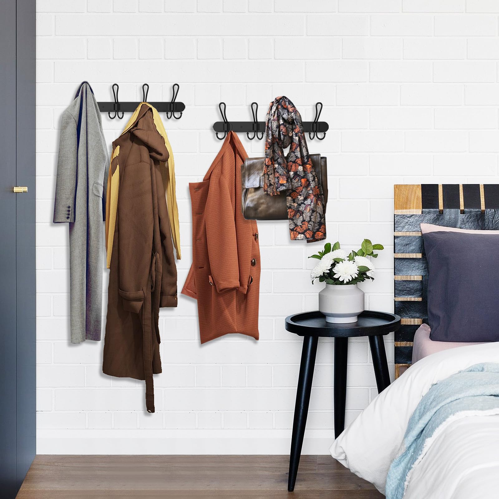 CoziPlan Coat Rack Wall Mounted, 4 Heavy-Duty Tri Hooks All Metal Structures with Large Space, for Coat Hat Towel Purse Robes Mudroom Bathroom Entryway (Matte Black, 2 Packs)