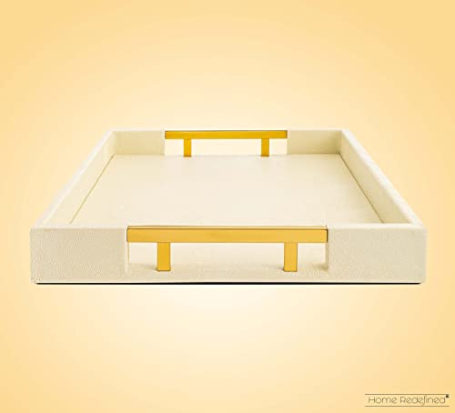 Modern Elegant 18"x12" Rectangle Cream Glossy Shagreen Decorative Ottoman Coffee Table Perfume Living Room Kitchen Serving Tray with Gold Polished Metal Handles by Home Redefined for All Occasion's