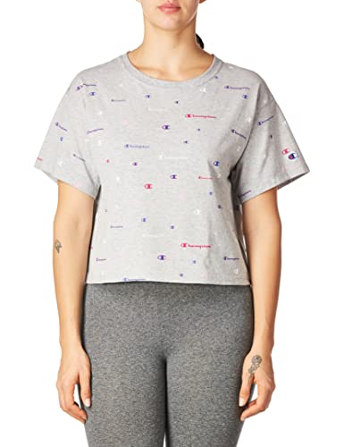 Champion womens The Cropped Tee T Shirt, Multi Scattered Logos Oxford Gray Heather, XX-Large US