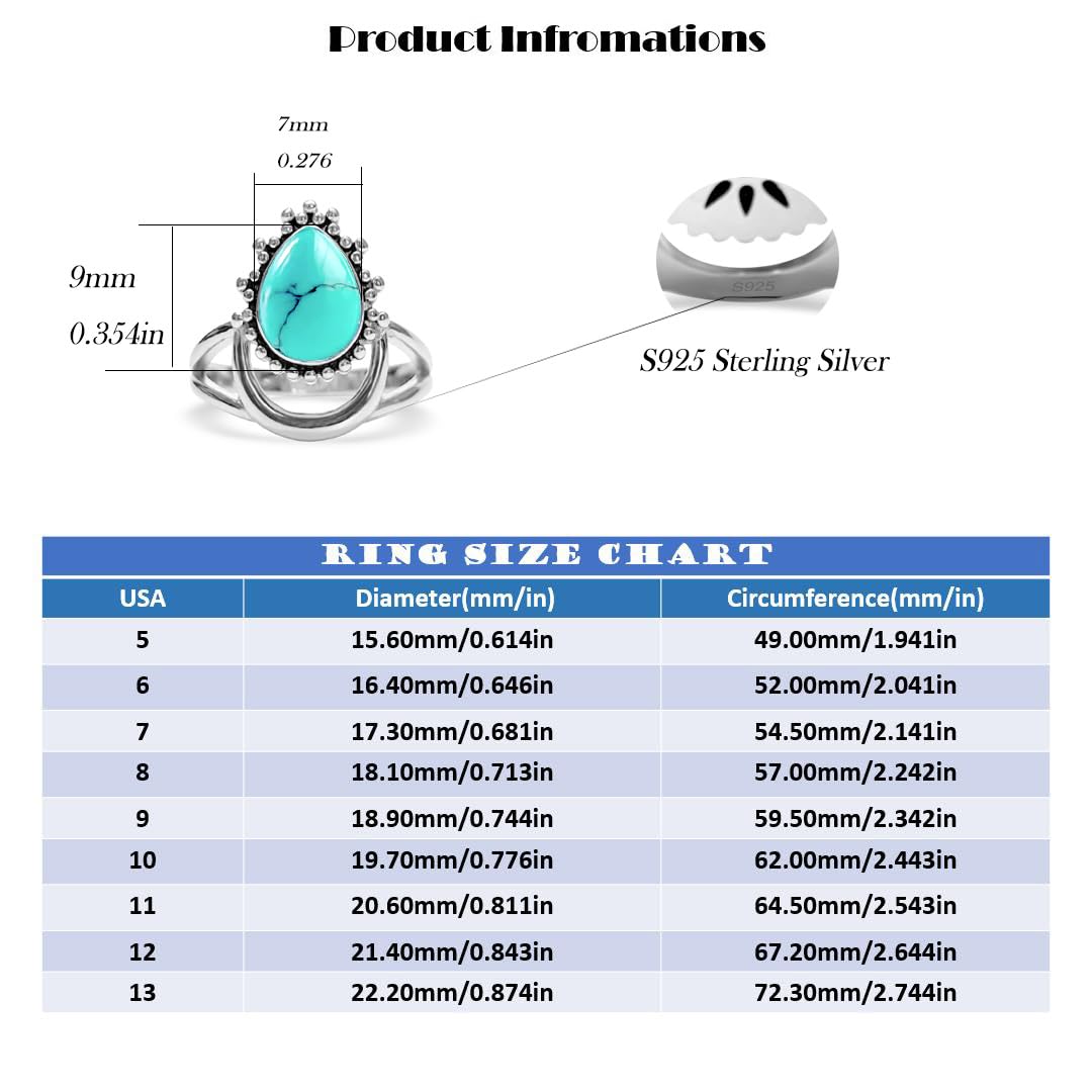 DALEGEM Crescent Moon Turquoise Stone Ring for Women,S925 Sterling Silver Waterdrop Shaped Gemstone Boho Statement Ring Jewelry (Ring_A, 5)