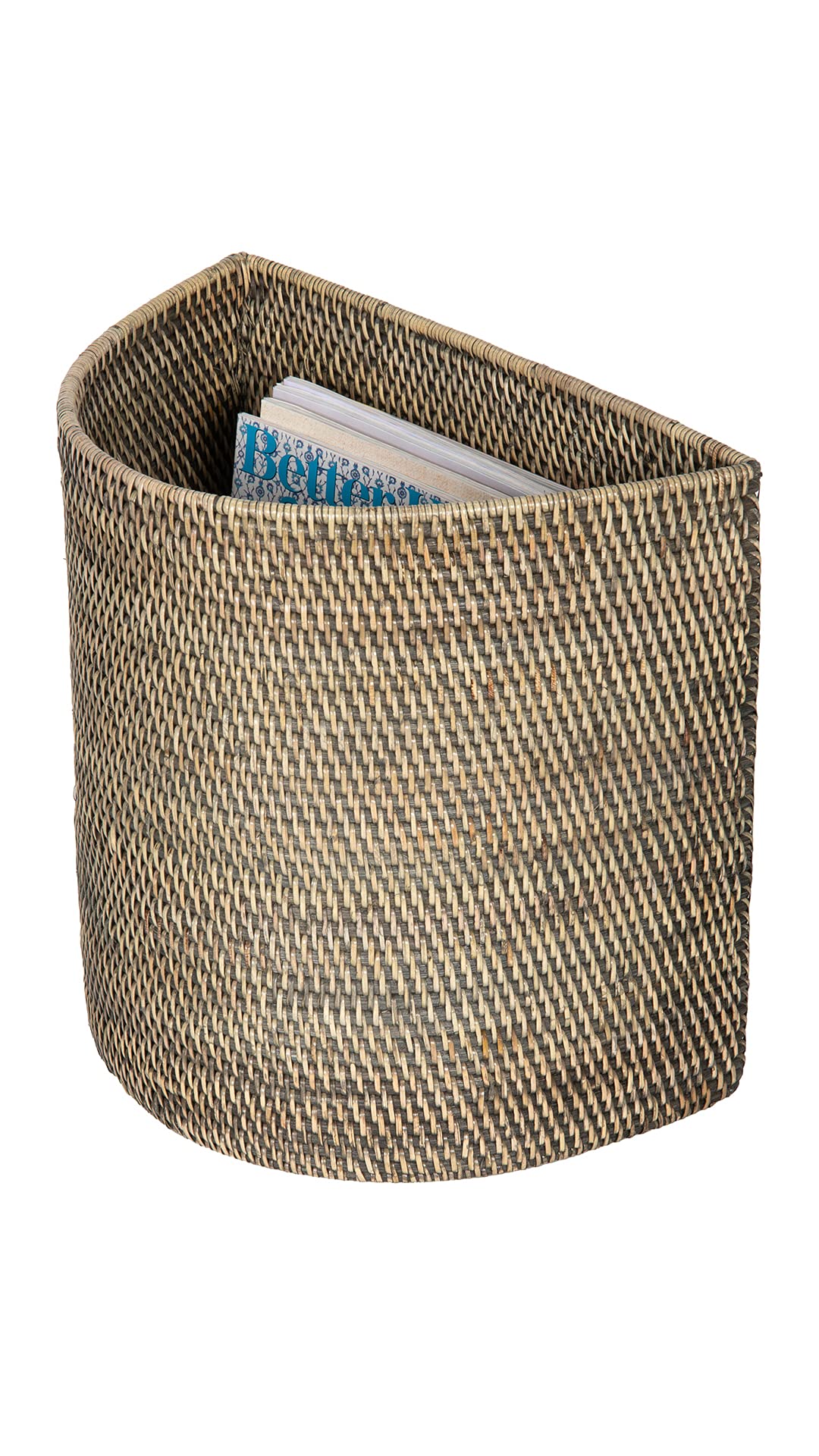KOUBOO Rattan Laguna Half-Moon Waste Basket Trash Can โ Laundry Room Storage, Wicker Garbage Can, Office, Bathroom, Kitchen, Bedroom Waste Basket, Gray - Brown