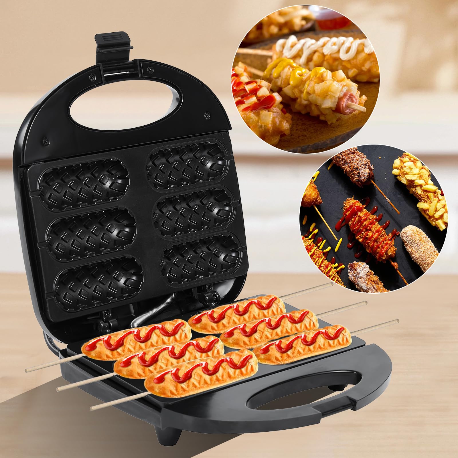 Ht Viik Corn Dog Maker,Hot Dog Waffle Machine,Bake 6 Corn Dogs,Double-sided heating, Non-stick Surface,For Commercial or Family Use,Maker Breakfast, Snacks,Easy to Clean