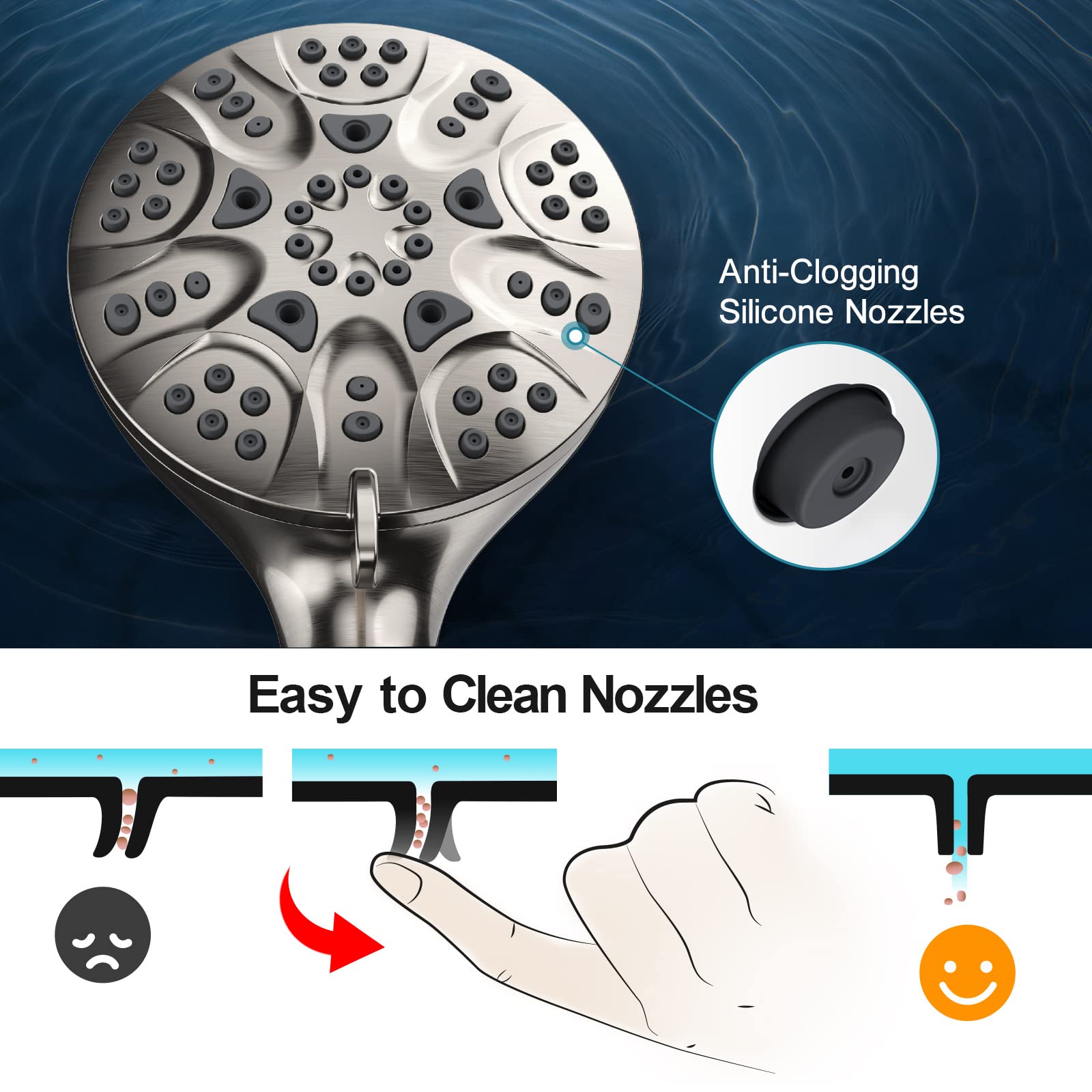 High Pressure Handheld Shower Head Brushed Nickel, 6 Spray Settings Shower Head with Handheld, 4.3 Inch High Flow Hand Held Rain Showerhead with Stainless Steel Hose, Adjustable Bracket