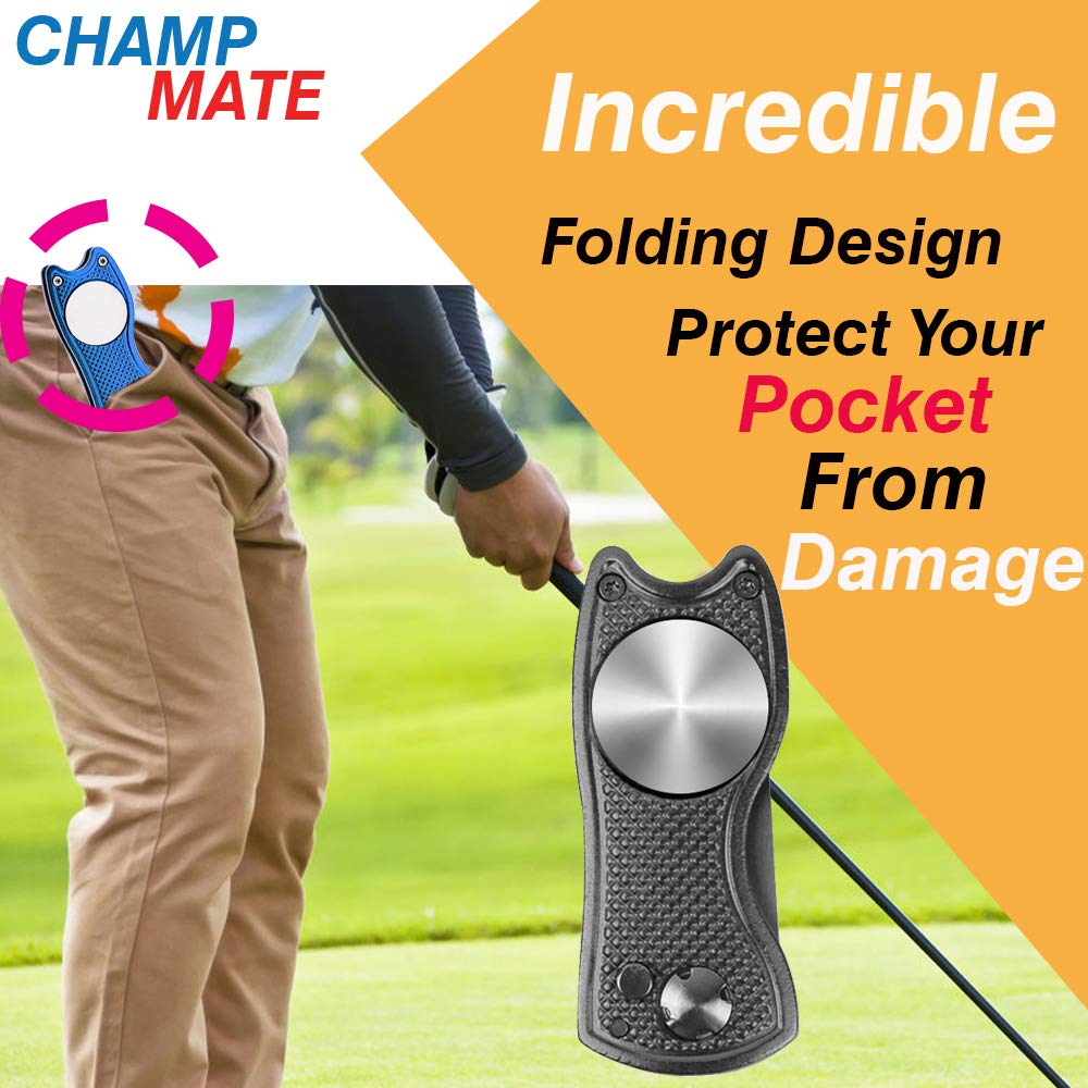 Champmate Golf Divot Tool, Stainless Steel Switchblade and Foldable Magnetic with USA Golf Ball Marker in 5 Designs (Red Eagle)