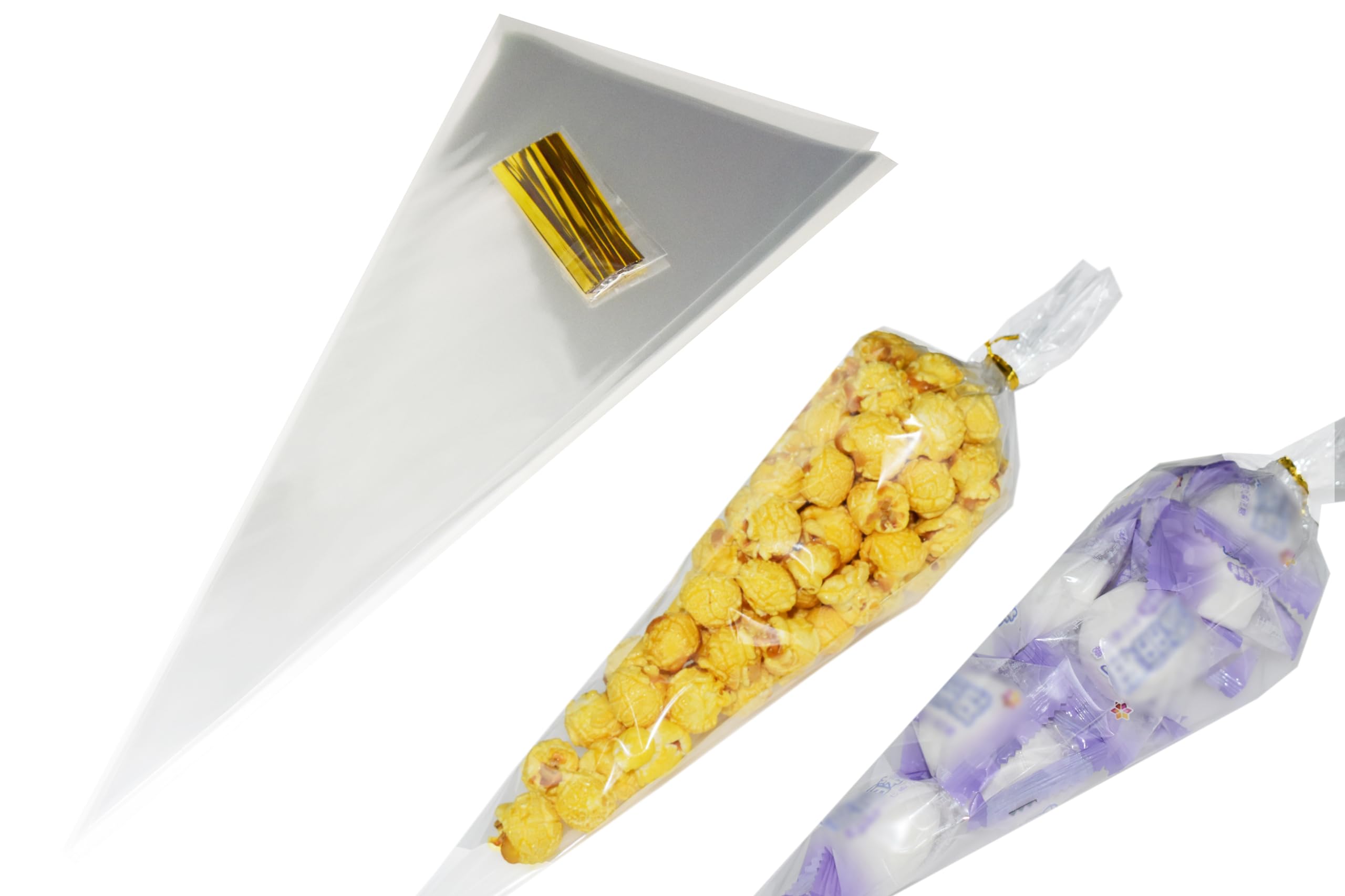 Hustar Cone Treat Bags, 7"x15" 100pcs Large Clear Cellophane Bags for Popcorn with 100pcs ties