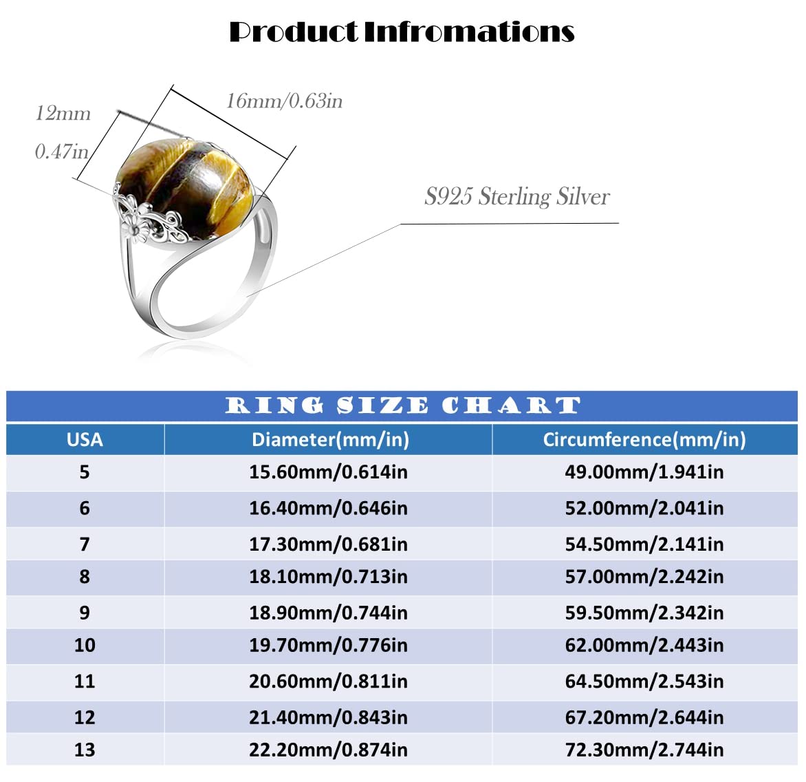 DALEGEM Natural Yellow Tigers Eye Stone Ring for Women,S925 Sterling Silver Edged with Flower Vine Ring Jewelry (Stone_Tiger Eye, 8)