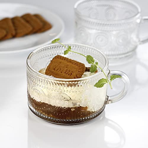 LUXU Vintage Glass Coffee Mugs 14oz Set of 4 Clear Glass Tea Cups,Stackable Glass Coffee Cups,Cute Coffee Bar Accessories,Iced Coffee Glasses,Clear Embossed Glass Cups for Cappuccino,Latte,Beverages