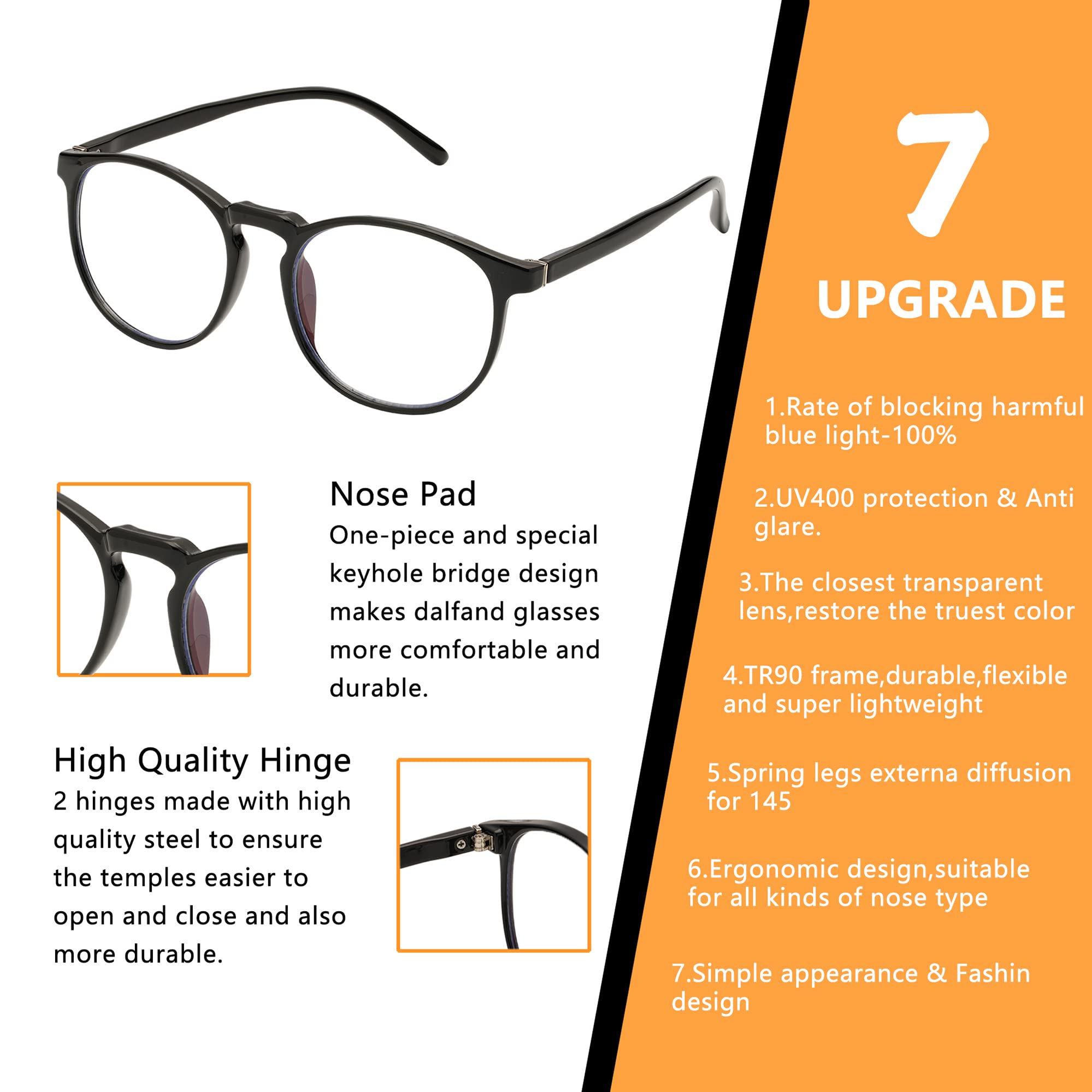 Dalfand Blue Light Blocking Glasses - Women/Man 3Pack Round Frame Computer/Reading/Gaming Blue Light Glasses Non Prescription (black+touming+douhua)