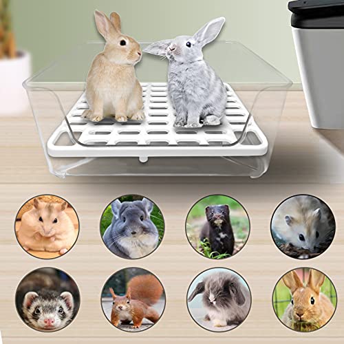 PINVNBY Transparent Rabbit Litter Box Bunny Corner Litter Bedding Box Small Pet Litter Pan Cage Potty Trainer Pet Toilet with Cleaning Tools for Guinea Pigs Chinchilla Ferret(White)