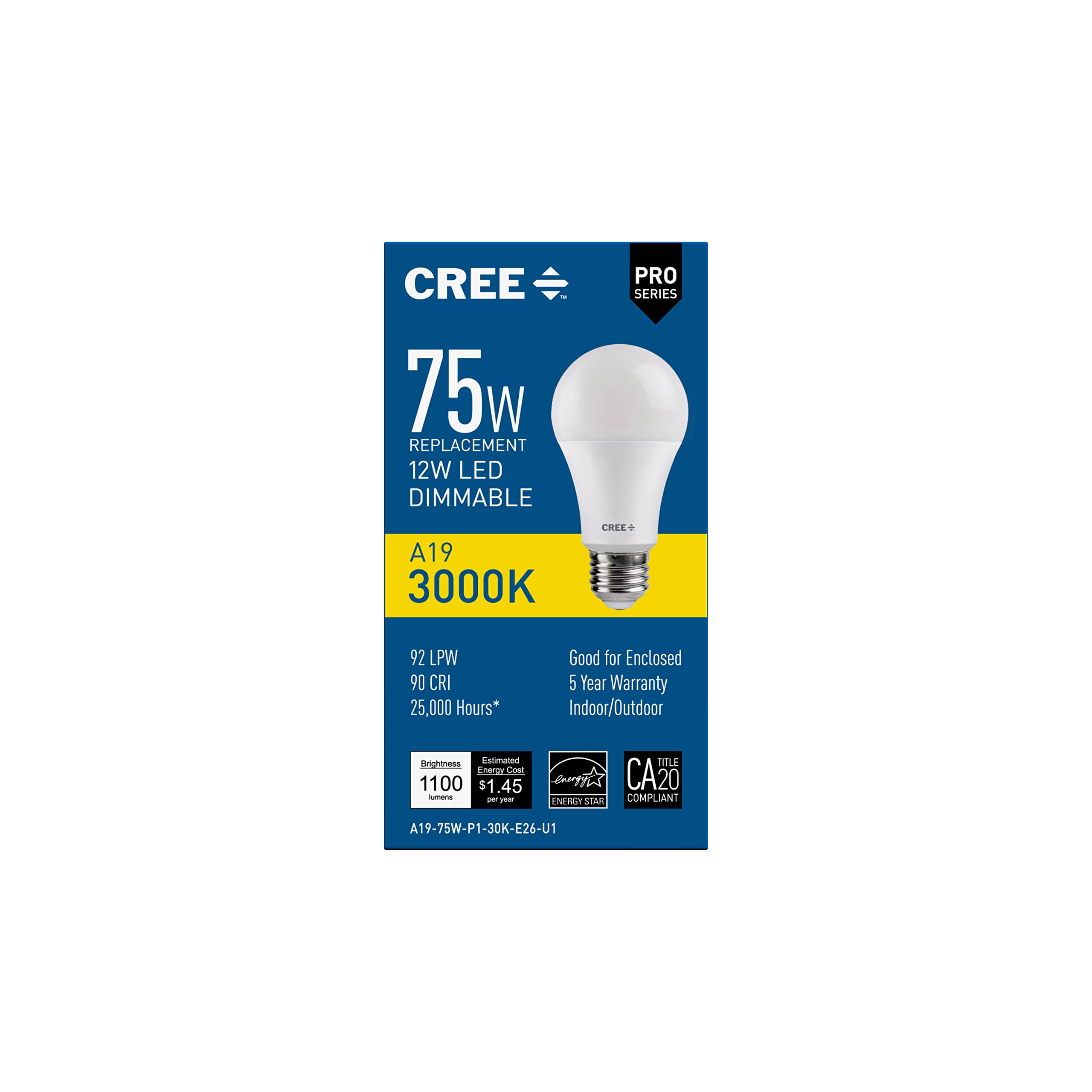 Cree Lighting Pro Series A19 75 Watt Equivalent LED Bulb, Dimmable, Bright White (3000K), 25,000 Hour Life, 1 Pack