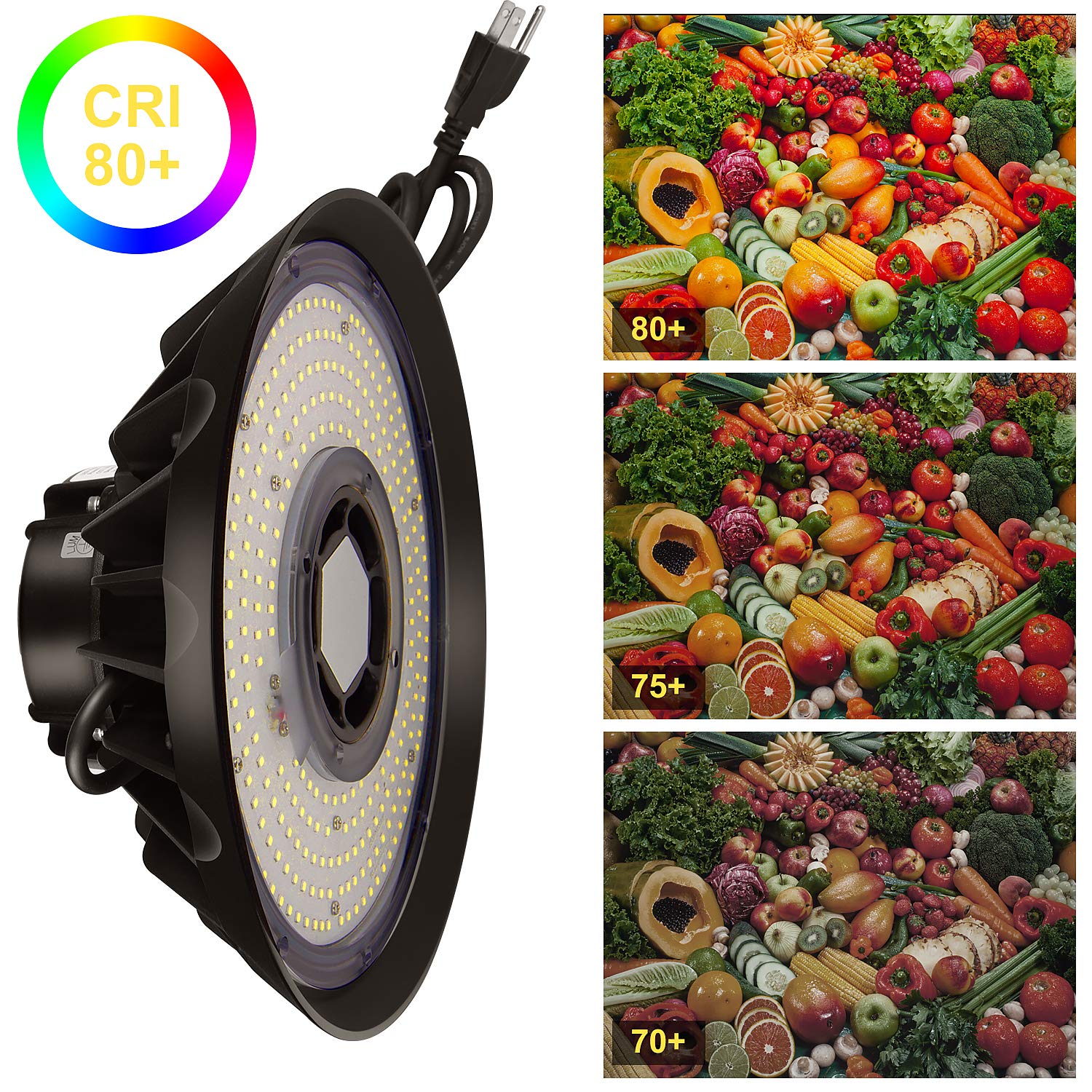 CPROSP UFO High Bay Light LED 150W 1~10V Dimmable 5000K 20000lm, with US Plug, IP66 Waterproof, for Commercial Warehouse/Workshop/Wet Location Area Light