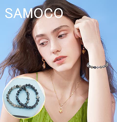 SAMOCO 12Pcs Healing Stone Beaded Bracelets for Women Men Semi-Precious Gemstones Bracelets Crystal Cross Beaded Bracelet Unisex Adjustable Stretch Bracelets 8MM