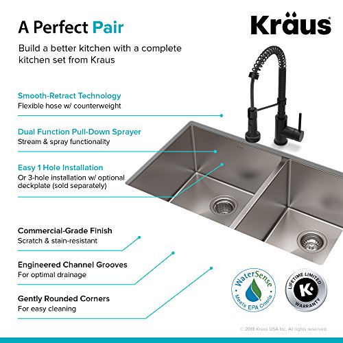 KRAUS 33-inch 16 Gauge Double Bowl 60/40 Standart PRO Kitchen Sink Combo Set with Matte Black Bolden 18-inch Kitchen Faucet and Soap Dispenser, KHU103-33-1610-53MB