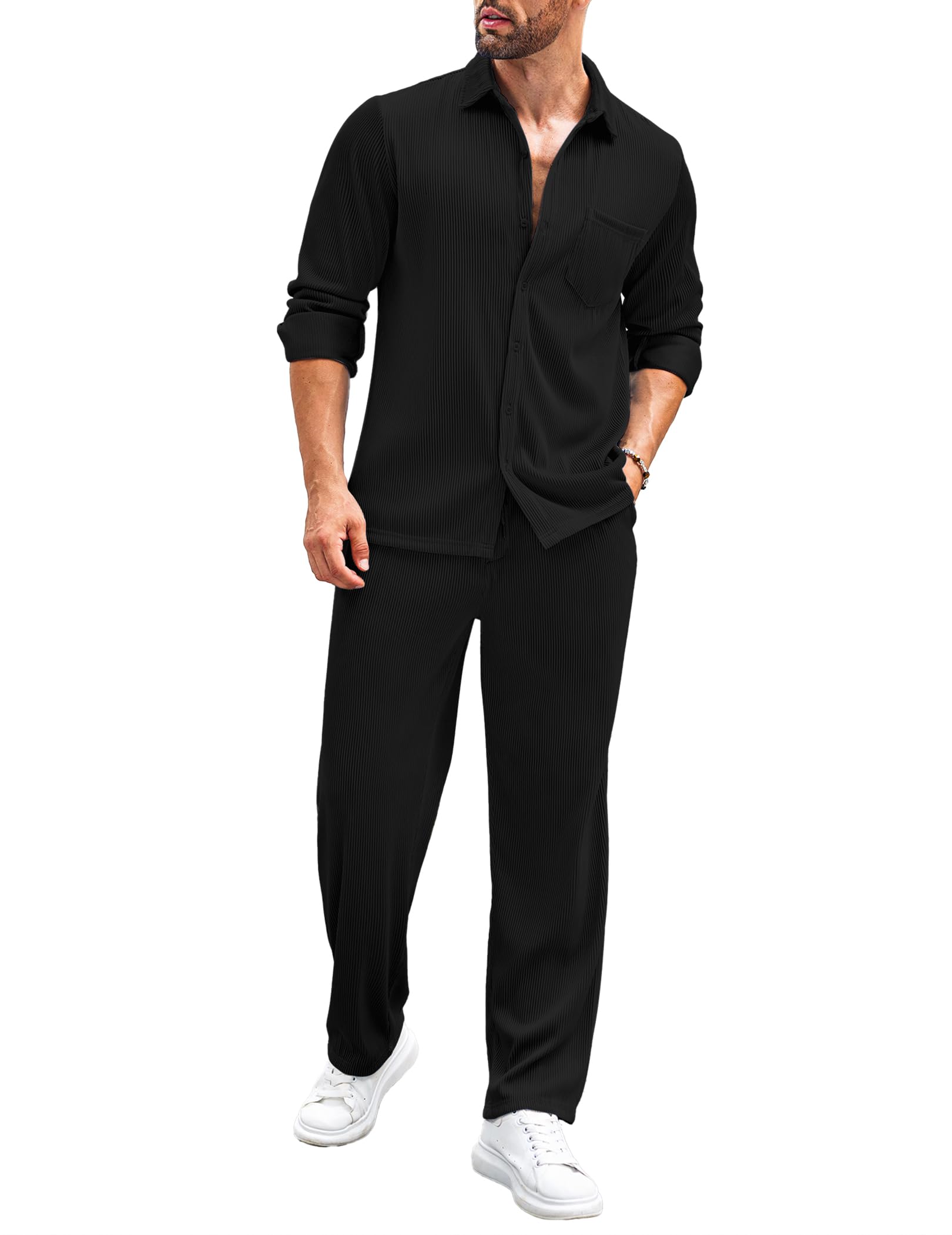 COOFANDY 2 Piece Set Long Sleeve Button Down Shirt and Pants Set Casual Loose Trousers Walking Suit for Men